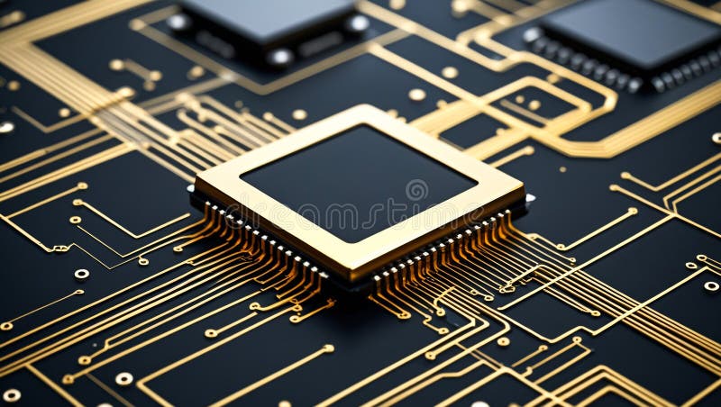 Golden Circuit Board in Microchip Shape – Technology Background AI ...