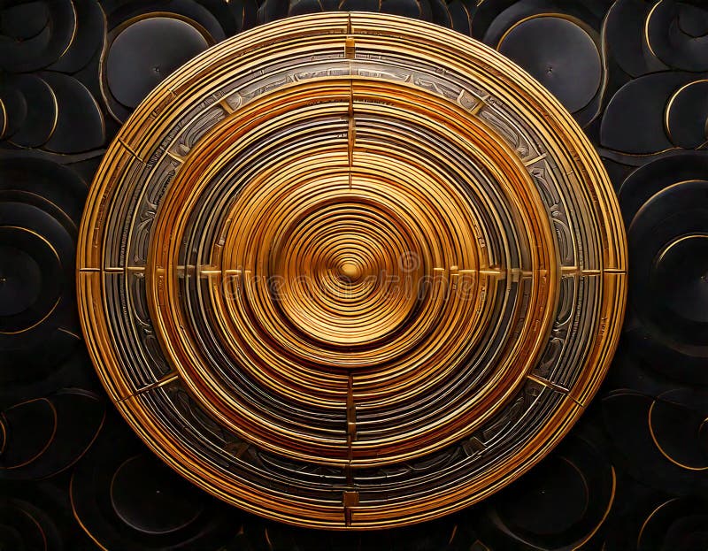 Golden Circular Metal Ornament Creating Concentric Patterns on Black ...