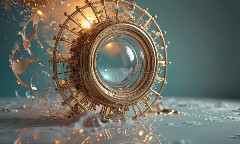 Golden, Circular Object with Clear Glass Lens is Surrounded by Swirling ...