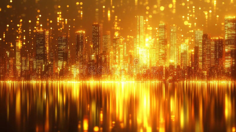 Golden City Lights Reflecting on Water at Night Stock Illustration ...