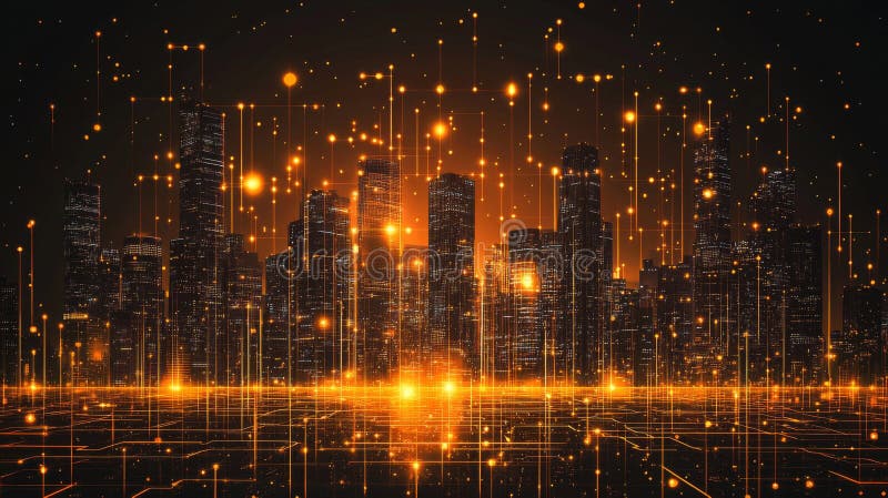 Golden City Skyline at Night with Glowing Lights Stock Illustration ...