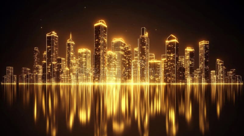 Golden City Skyline at Night with Water Reflection Stock Illustration ...
