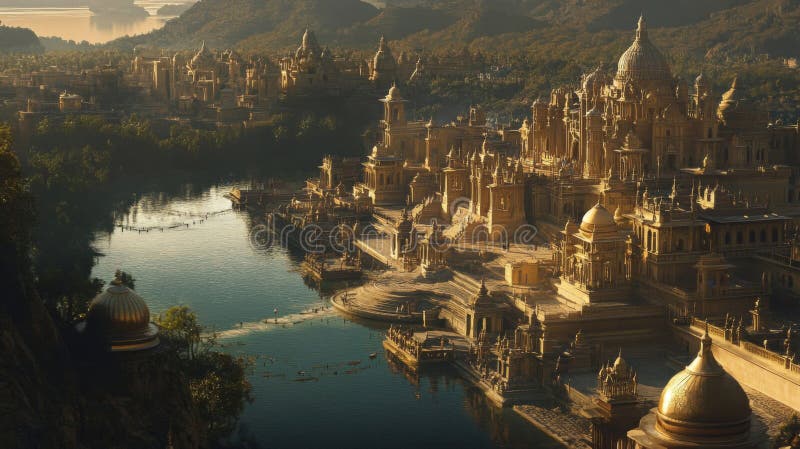 A Golden City Surrounded by Water and Hills Stock Illustration ...