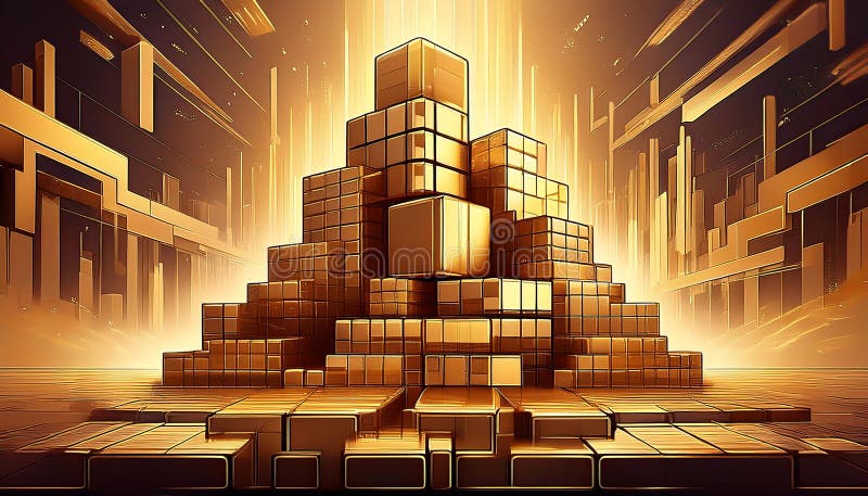 Golden Cityscape with Floating Blocks, Radiating Light, and Grid-like Structure Stock ...