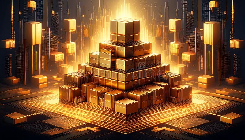Golden Cityscape with Floating Blocks, Radiating Light, and Grid-like Structure Stock ...