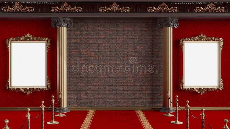 Golden Classical Columns and Wall Background with Bricks and Red Carpet ...
