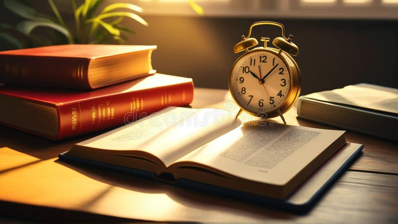 Golden Clock and Books in Sunlit Study Room Capturing Timeless Elegance ...