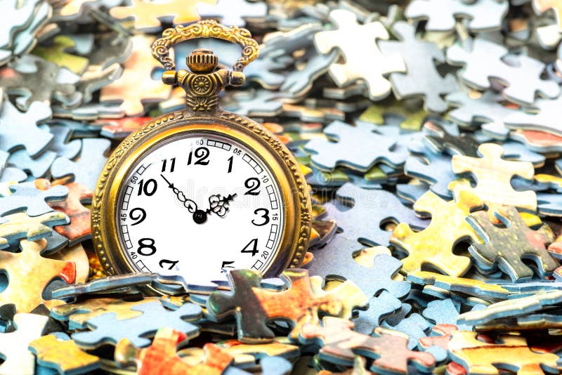 Separate Puzzle Pieces and Hand Clock Stock Photo - Image of missing ...