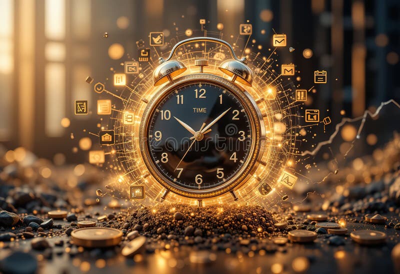 Golden Clock with Digital Connection Stock Illustration - Illustration ...