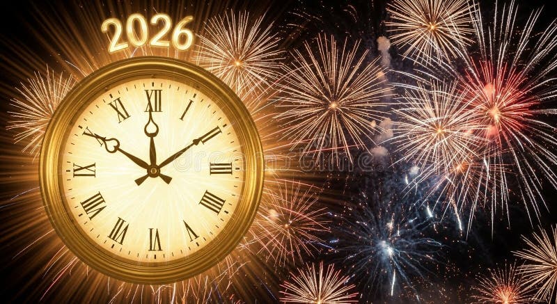 Golden Clock Striking Ten O Clock with Fireworks for New Year 2026 Celebration Stock ...