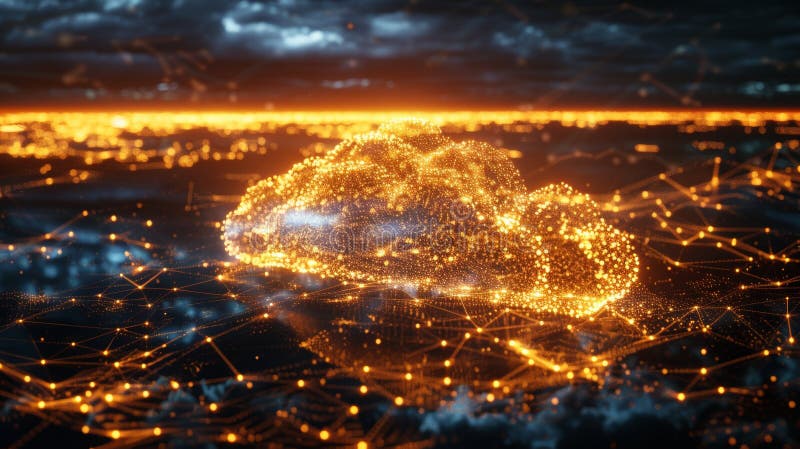 Golden Cloud Computing Concept Glowing Cloud Over Network of ...