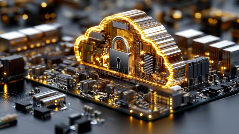 Golden Cloud Security Microchip Stock Photo - Image of data, storage ...