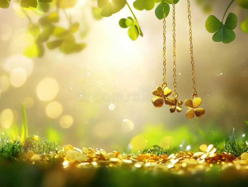 Golden Clovers Hanging with Nature Background, Abundance and Prosperity ...