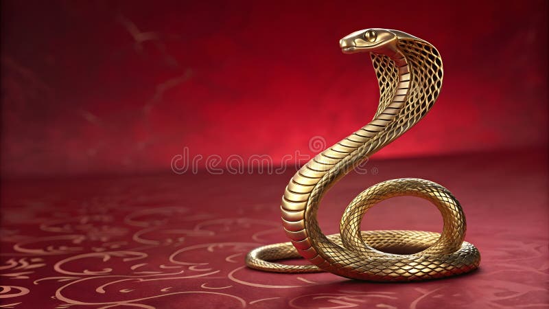 Golden Cobra Statue on Red Patterned Background. Stock Image - Image of ...