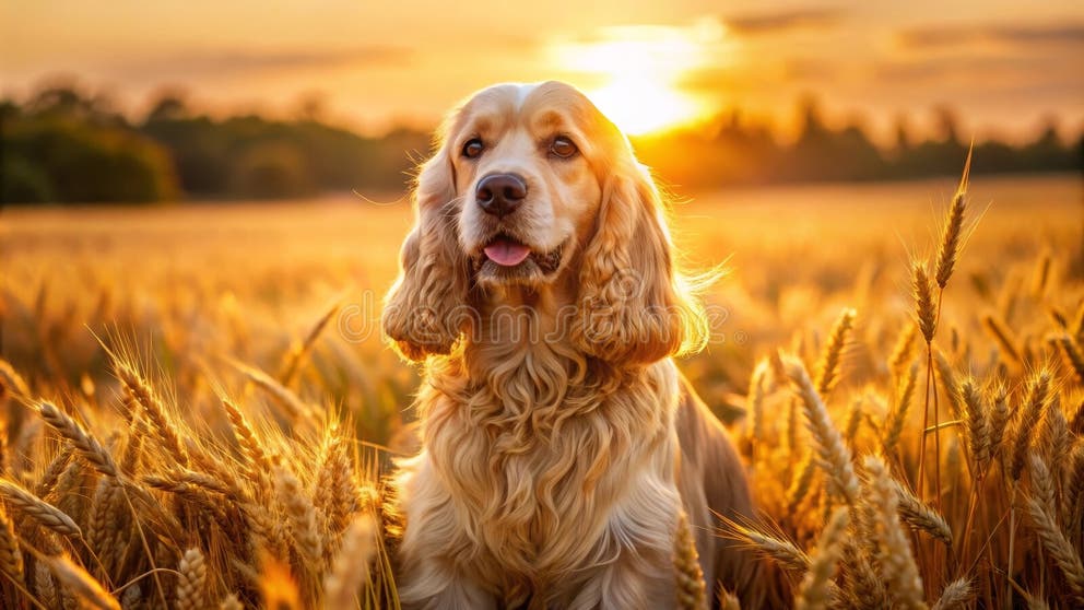 Golden Cocker Spaniel in a Wheat Field at Sunset, Bathed in Warm Light ...