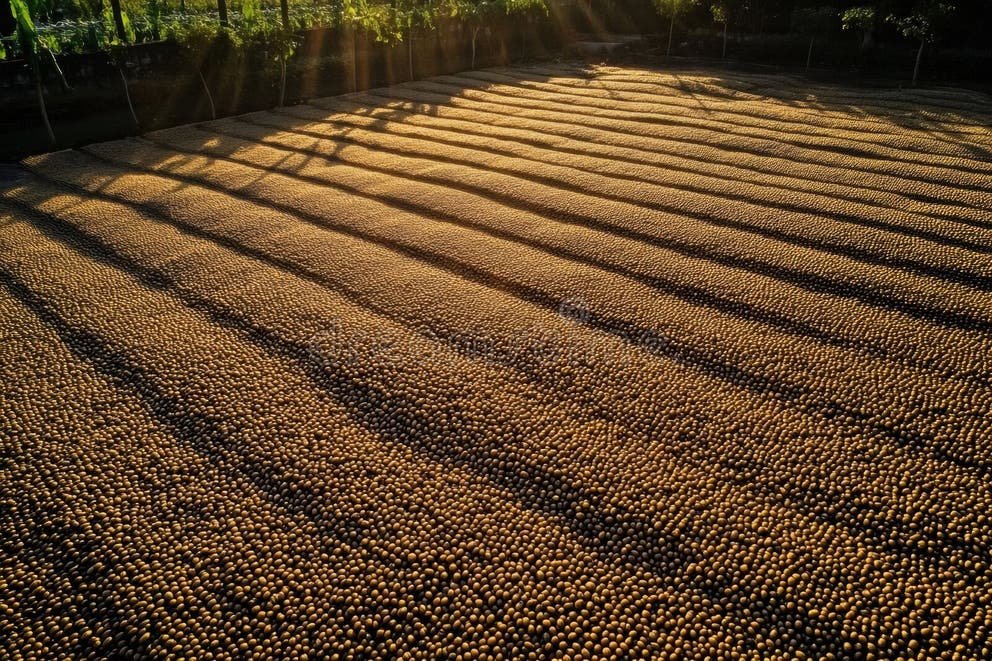 Golden Coffee Beans Dry Under Soft Sunlight on a Large Patio ...