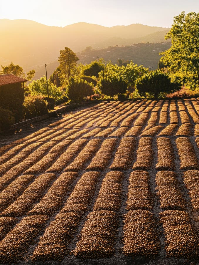 Golden Coffee Beans Dry on a Patio in Soft Sunlight Highlighting ...