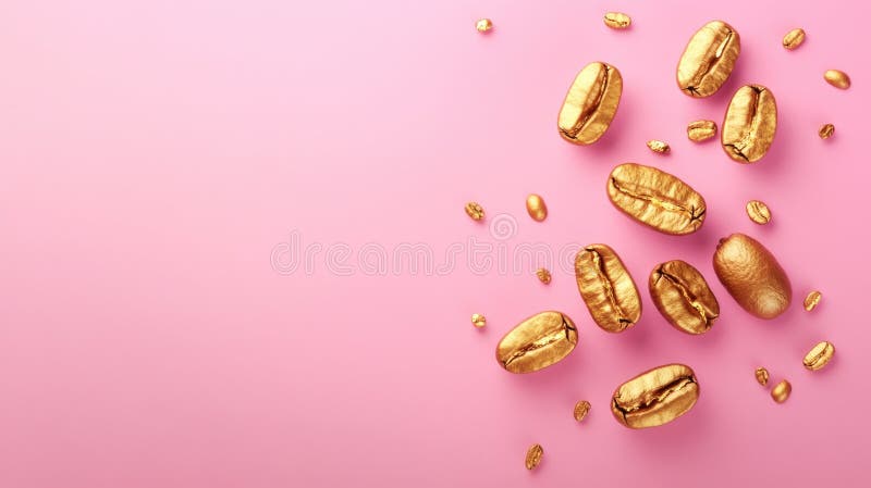 Golden Coffee Beans Scattered on Pink Background with Modern Aesthetic ...