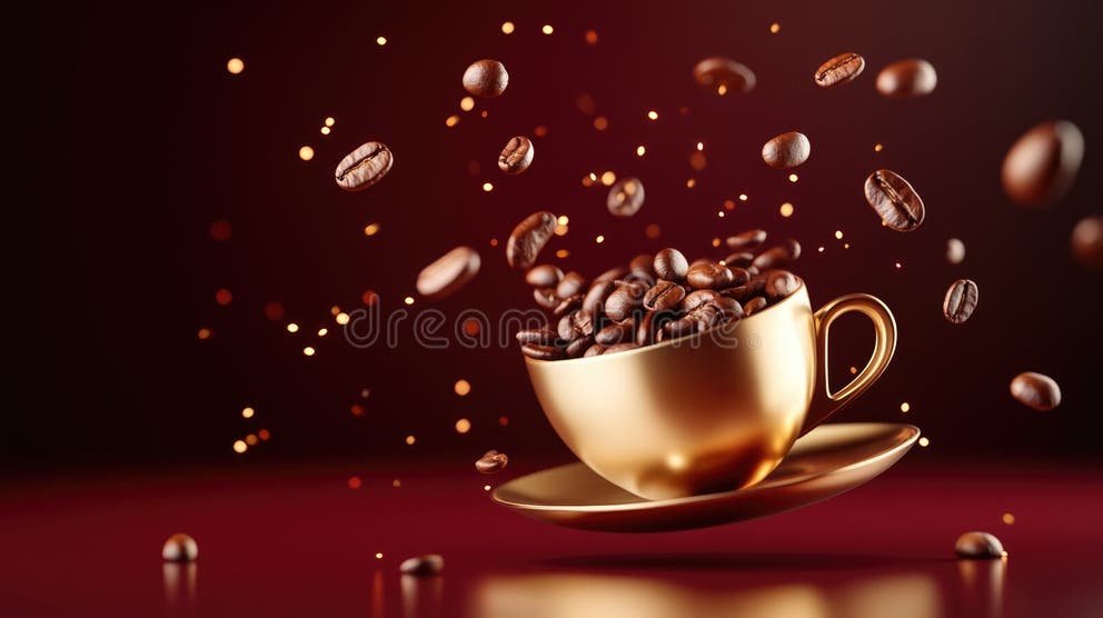 Golden Coffee Cup with Flying Coffee Beans on Maroon Background Stock ...