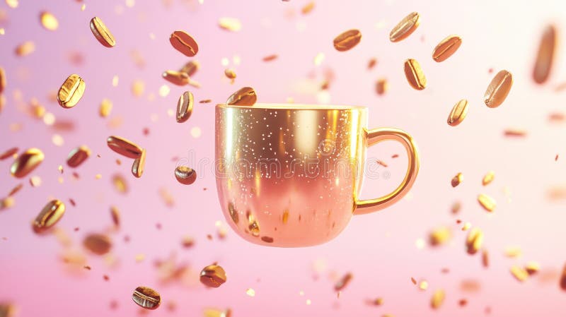 Golden Coffee Mug with Floating Coffee Beans on Pink Background Stock ...