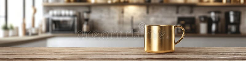 A Golden Coffee Mug Sits on a Rustic Wooden Countertop in a Modern ...