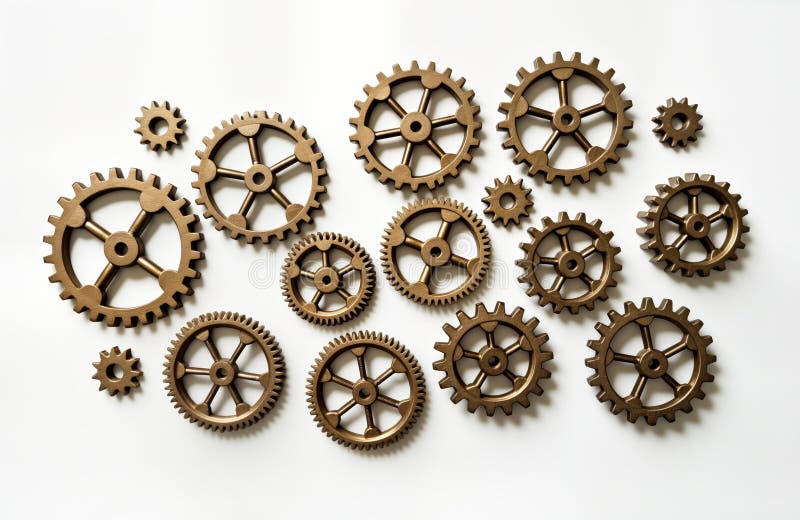 Golden Cogs, Gears Arranged on White Backdrop. Complex Mechanical ...