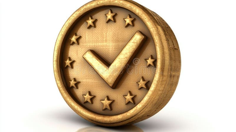 Golden Coin with Check Mark and Stars Symbolizing Approval and Success ...