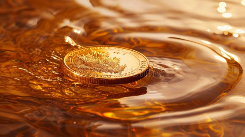 Golden Coin Floating on a Rippling Liquid Surface Stock Photo - Image ...