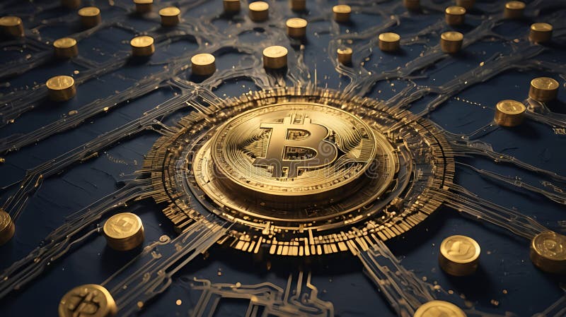 Golden Coin on Network Technology Circuit Board Background Stock ...
