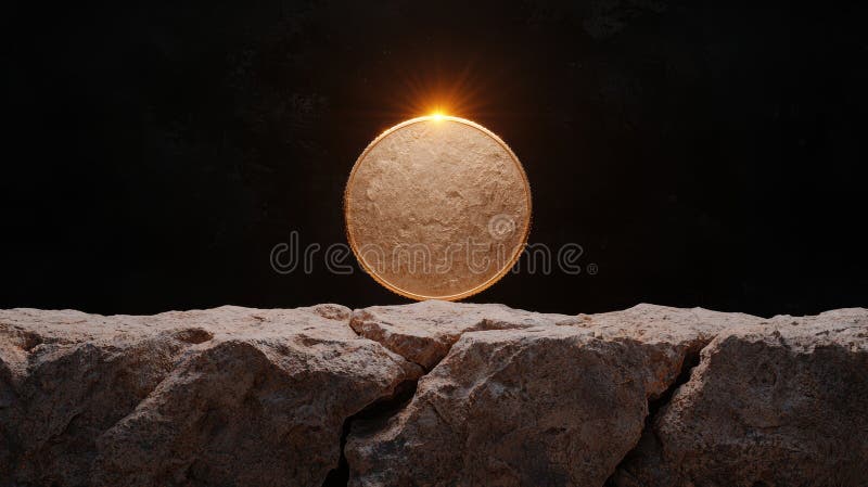 A Golden Coin Perched on a Rock Formation with a Bright Light Shining ...