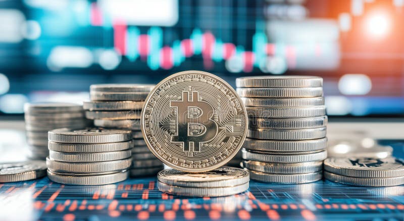 Golden Coin Stacks on Defocused Background with Financial Charts and ...