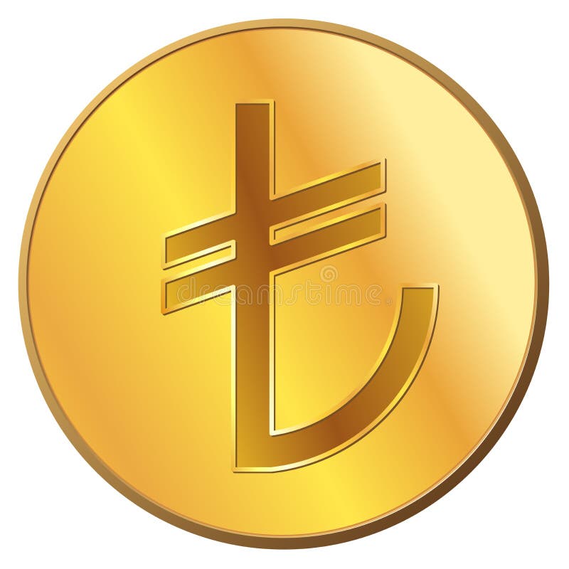 Golden Coin Turkish Lira TRY Front View Isolated on White. Design ...