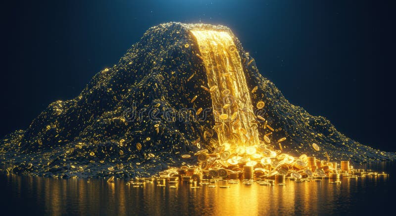 Golden Coin Waterfall Cascading from a Mountain of Wealth and ...