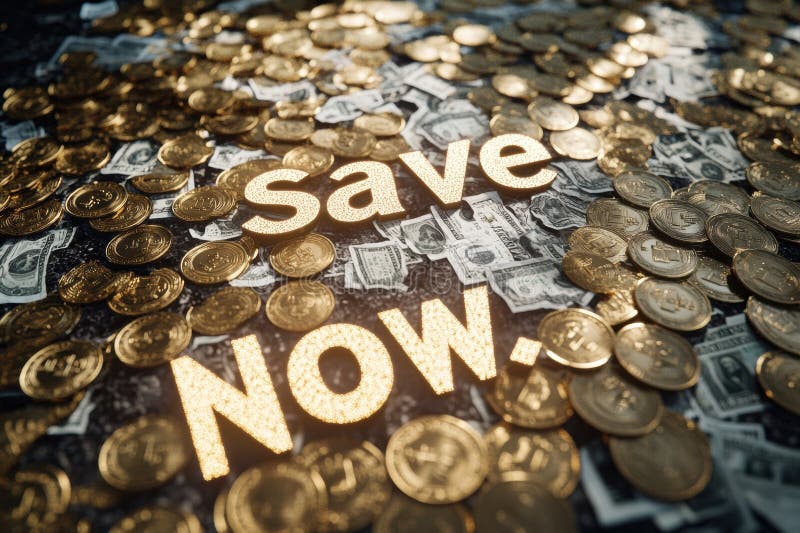 Golden Coins and Banknotes Scattered with a Bold Save Now Message ...