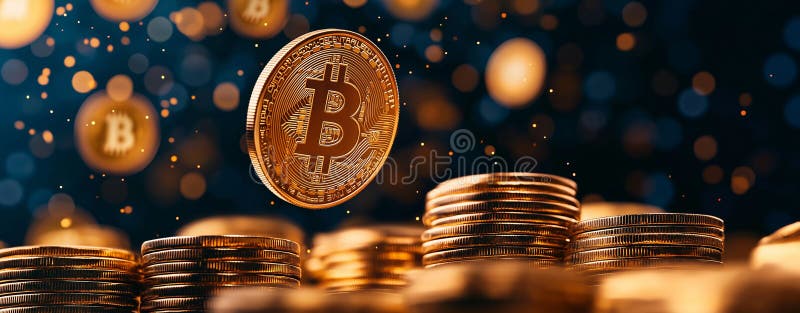 Golden Coins with Bitcoin Symbol Floating Above Stack of Coins ...