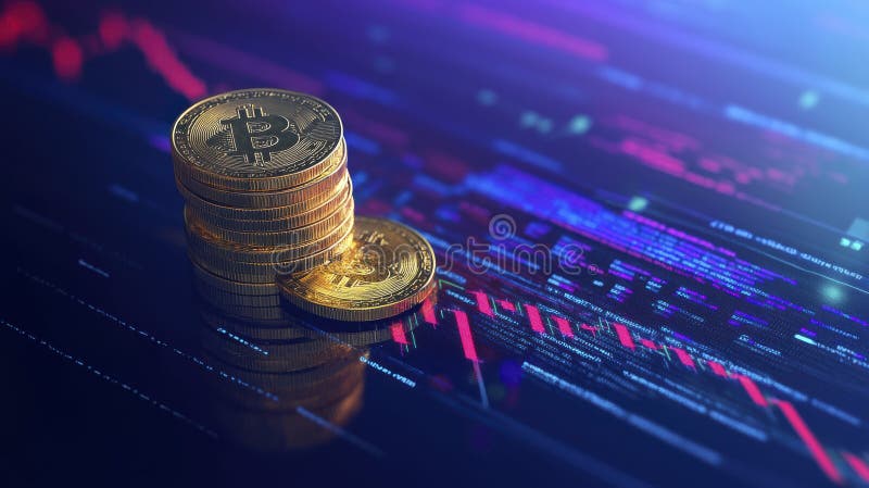 Golden Coins on Dynamic Data Screen Neon Lit Financial Technology Stock ...