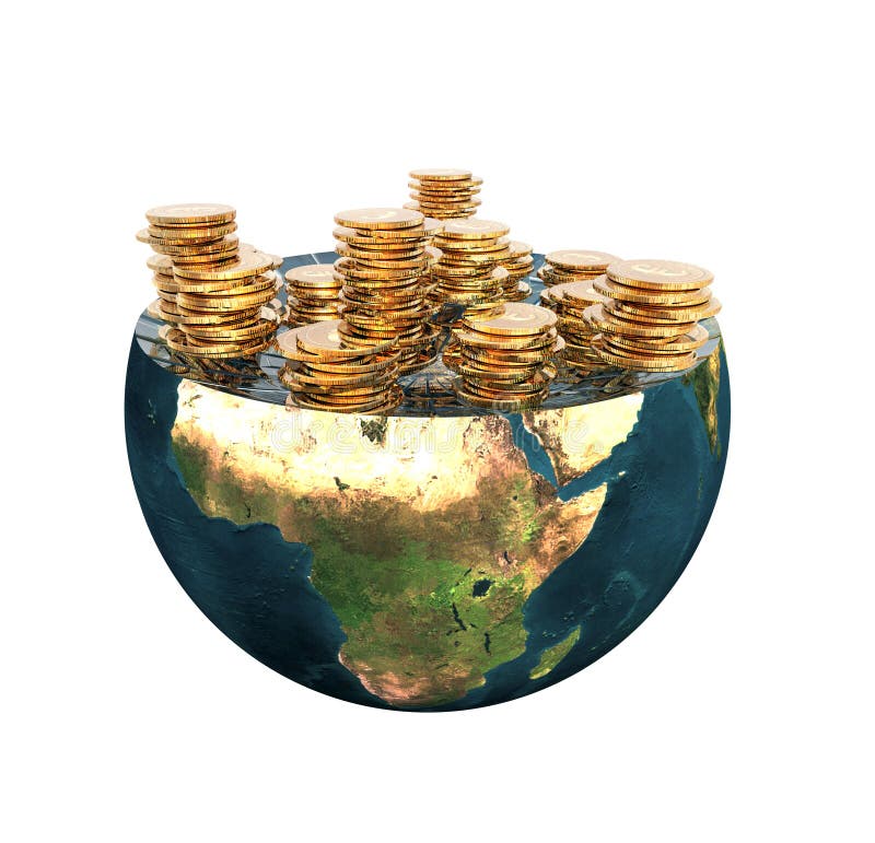 Golden Coins on Earth Hemisphere Stock Illustration - Illustration of ...