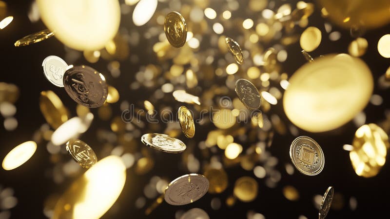 Golden Coins Falling in Motion Close-Up with Depth of Field Effects and ...