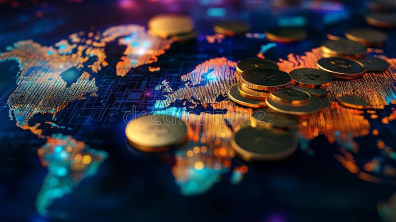 Golden Coins on a Glowing Digital World Map Stock Illustration ...