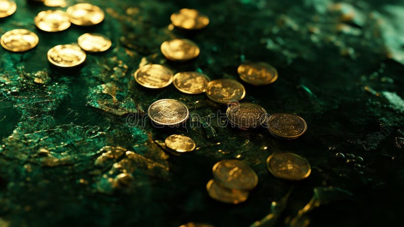 Golden Coins on Green Textured Background with Moon Illustration Stock ...