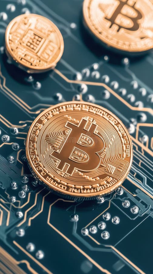 Golden Coins Lay on a Dark Electronic Circuit Board Representing ...