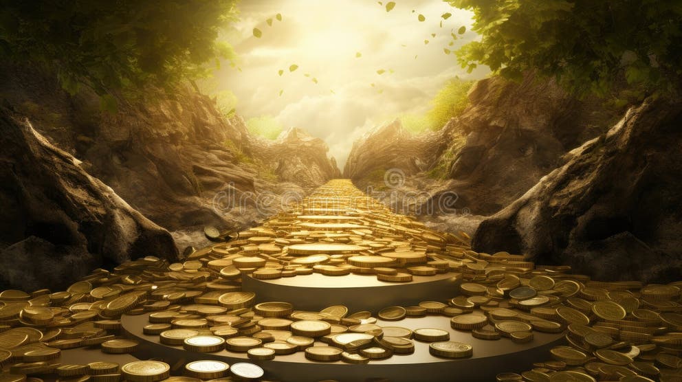 Golden Coins on a Path in the Forest. 3D Rendering Stock Illustration ...