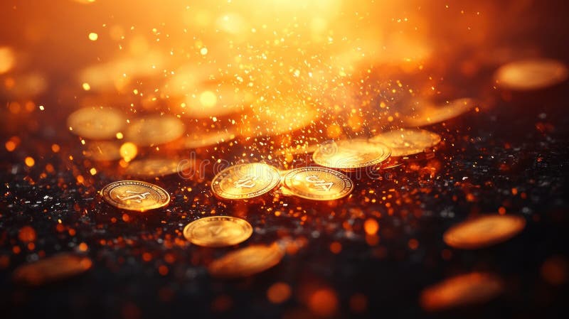Golden Coins Raining Down, Glowing Backdrop, Abstract Fiery Scene Stock ...