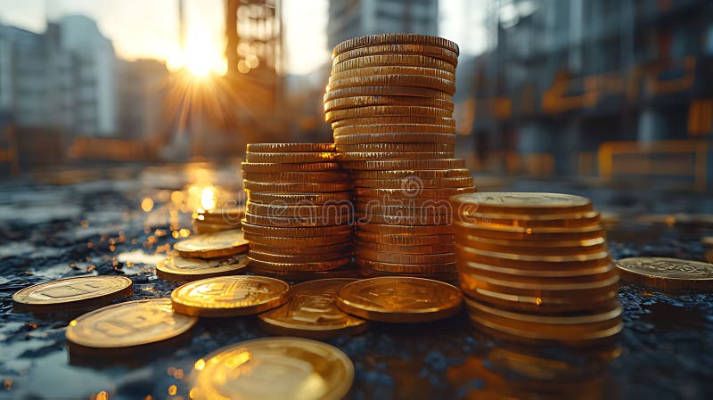 Golden Coins Stacked on Construction Site at Sunset Stock Illustration ...