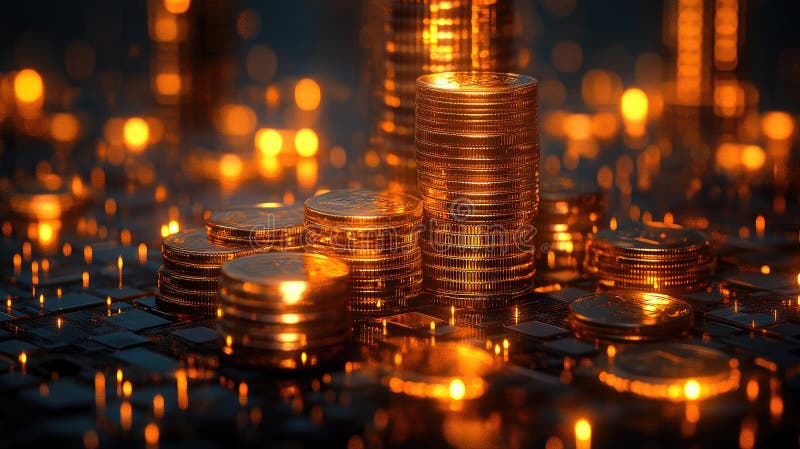 Golden Coins Stacks on Dark Surface with Glowing Lights Stock ...