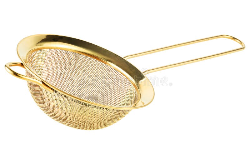 Golden Colander for Cooking Isolated on White Background. Metal Mesh ...