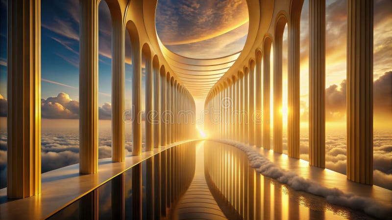 Golden Colonnade Above Clouds at Sunset a Serene Architectural Vision ...