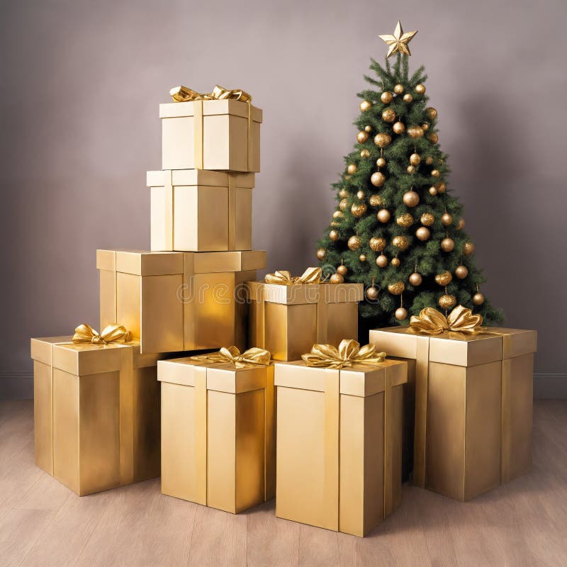 Golden Color Christmas Gift Boxes and Christmas Tree in Front of Empty ...