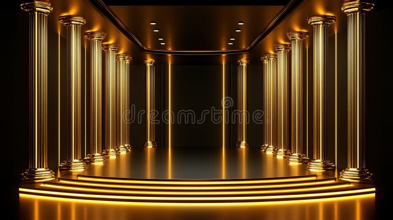 Golden Columns Illuminate Award Stage, Dark Hall Background Stock ...