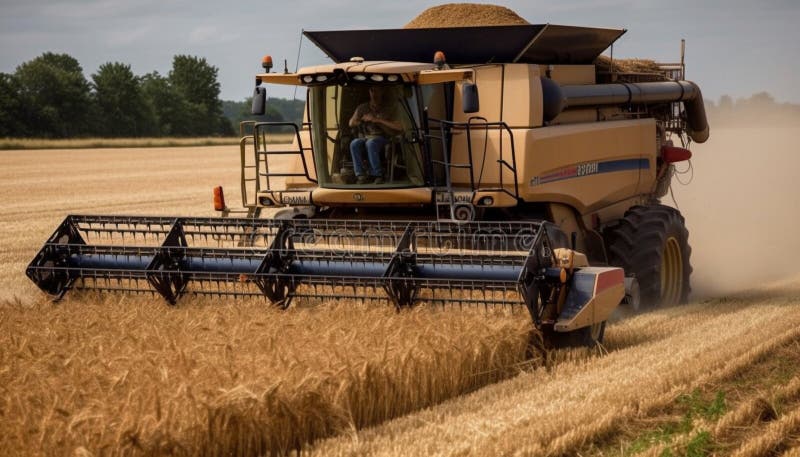Golden Combine Harvesters Work in Wheat Fields Cutting Generated by AI ...